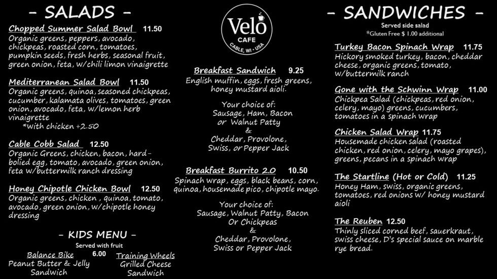 Velo Cafe Food & Drinks Menus | Cable, WI Fresh Food